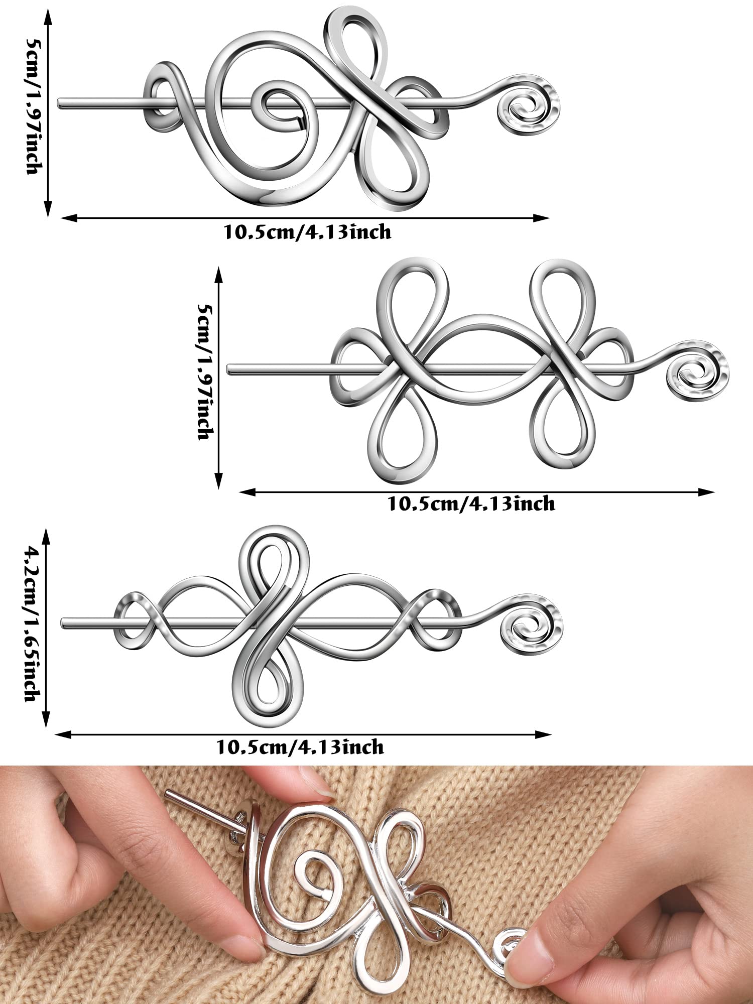 BBTO Celtic Shawl Pin 3 Pcs Crossed Knots Budding Spiral Crocheted Scarf Pin Cloak Pin Sweater Brooch for Women Knitter Handmade Cape(Silver)