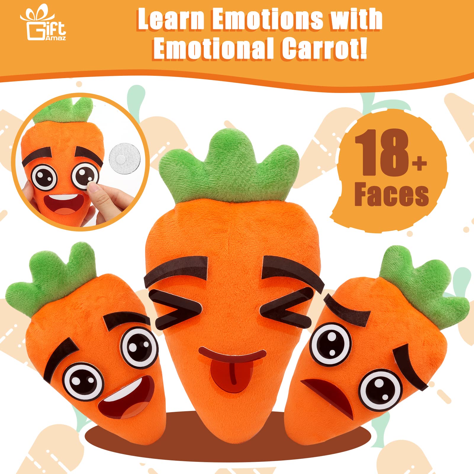 GiftAmaz Social Emotional Learning Toys - Big Feelings Carrot Social Emotional Games for Kids - 26 Facial Expressions, 10 Educational Flashcard - Preschool Learning Activities Birthday for Kid 3-6