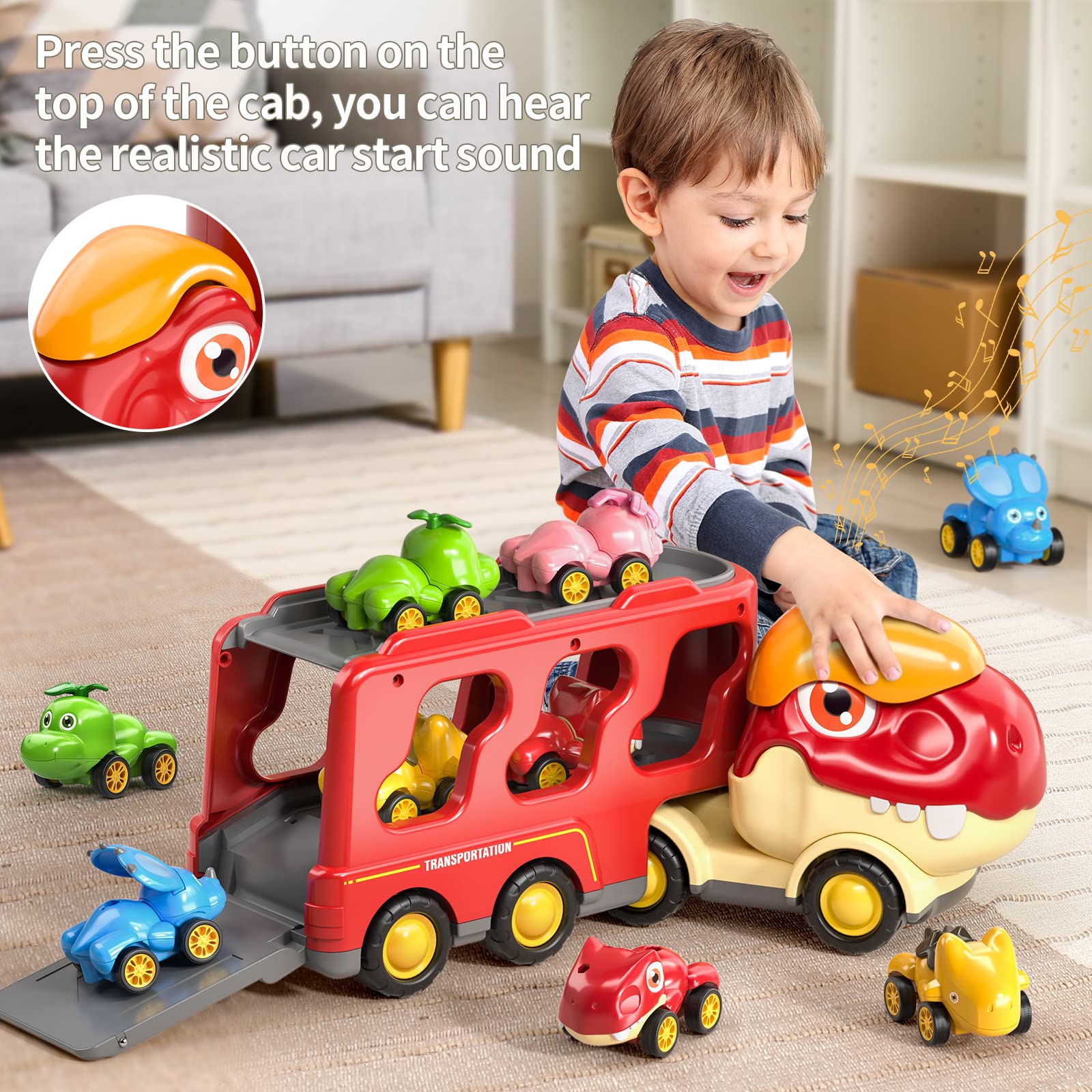 Dinosaur Truck Toys for Kids 3-5, Friction Power Transport Car Load 5 Cartoon Pull Back Dino Figures Vehicle, Toddler Carrier Truck Play Set, Birthday Gift for 3 4 5 6+ Year Old Boys and Girls