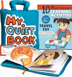 my quiet book - toddler travel toys for age 1 2 3 4, airplane activities for toddlers 1-3 with 10 activities, montessori busy book for toddlers 1-3, toys for 2 year old girl & boy with belongs to tag