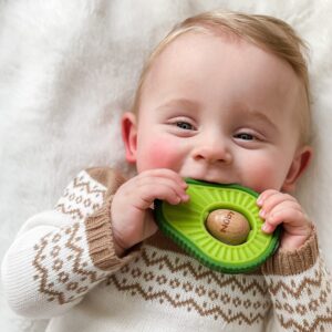 nuby silicone avocado teether with spinning wood seed- 3+ months