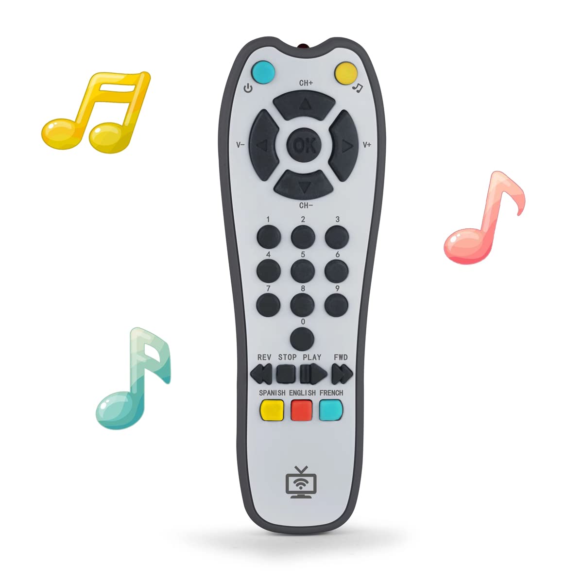 Kids Musical TV Remote Control Toy with Soft Light and Sound, Adjustable Volume Early Education Learning Remote Toy with English,French,Spanish Gift Toy for 6 Months+ Toddlers Boys or Girls