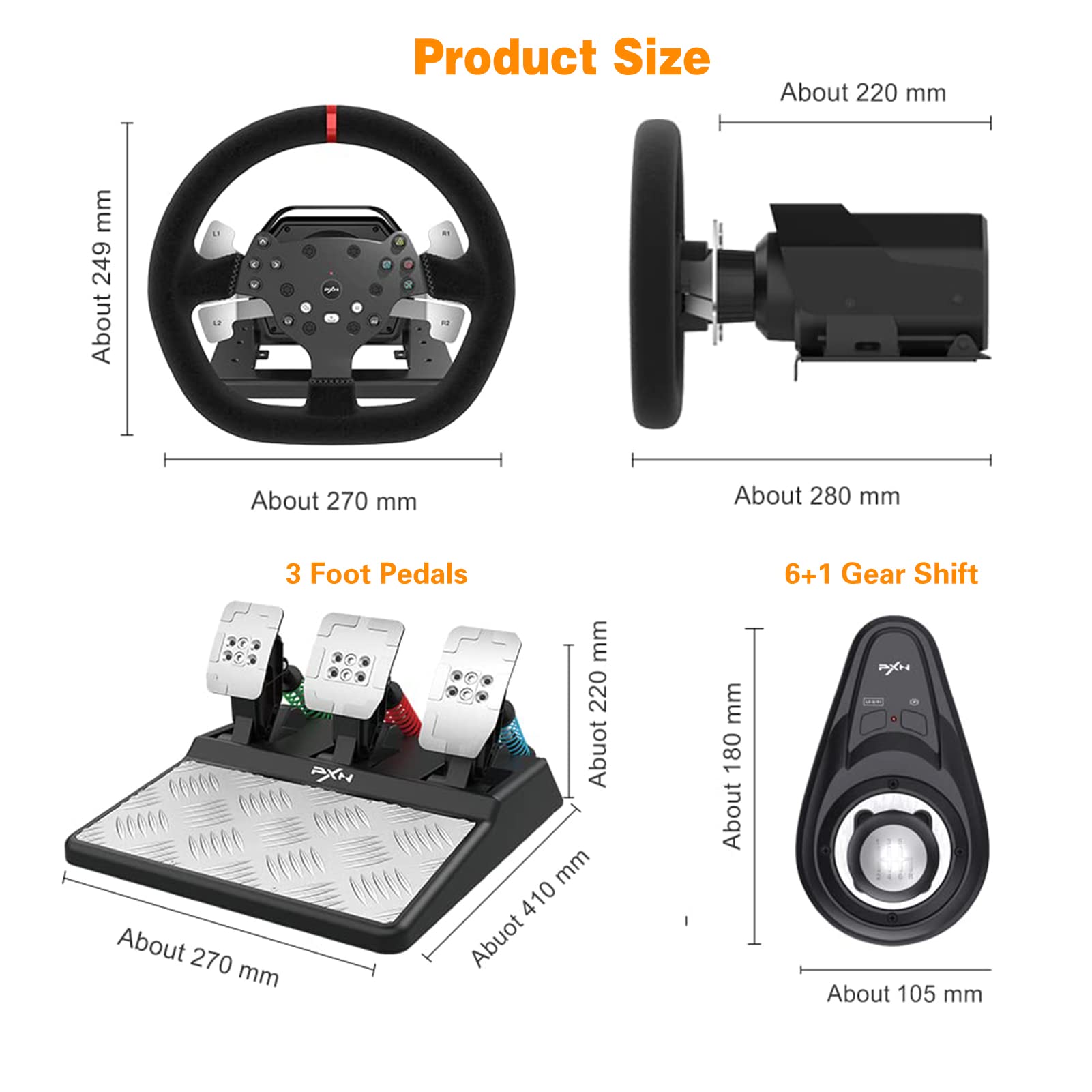 PXN Force Feedback PC Racing Wheel, 270/900 Degree V10 Driving Gaming Steering Wheel with 3 Pedals and 6+1 Shifter for Windows PC, PS4, Computer, Multi-Platform, Plug and Play