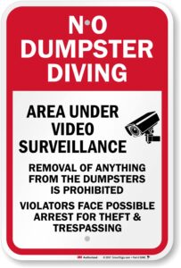 smartsign 18 x 12 inch “no dumpster diving - area under video surveillance” sign, 63 mil aluminum, 3m laminated engineer grade reflective material, red, white and black, made in usa