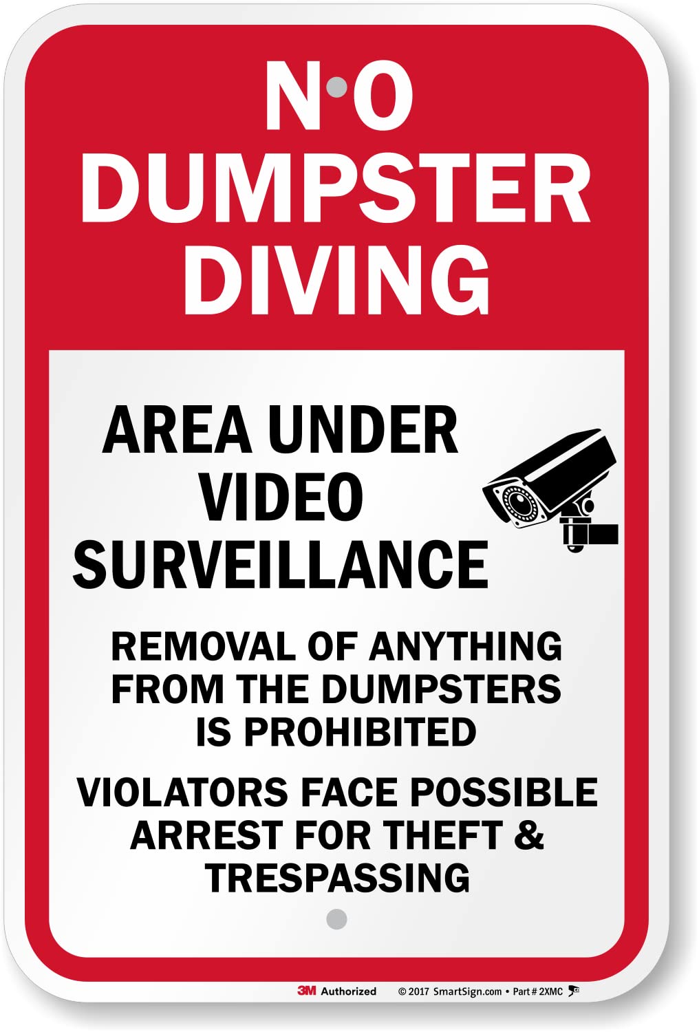 SmartSign 18 x 12 inch “No Dumpster Diving - Area Under Video Surveillance” Sign, 63 mil Aluminum, 3M Laminated Engineer Grade Reflective Material, Red, White and Black, Made in USA