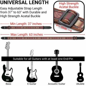 Amumu Guitar Strap Brown Diamond Grill Retro Chevron Polyester Woven for Acoustic Electric Bass Guitars with Genuine Leather Ends + Free Rubber Strap Blocks & Headstock Tie