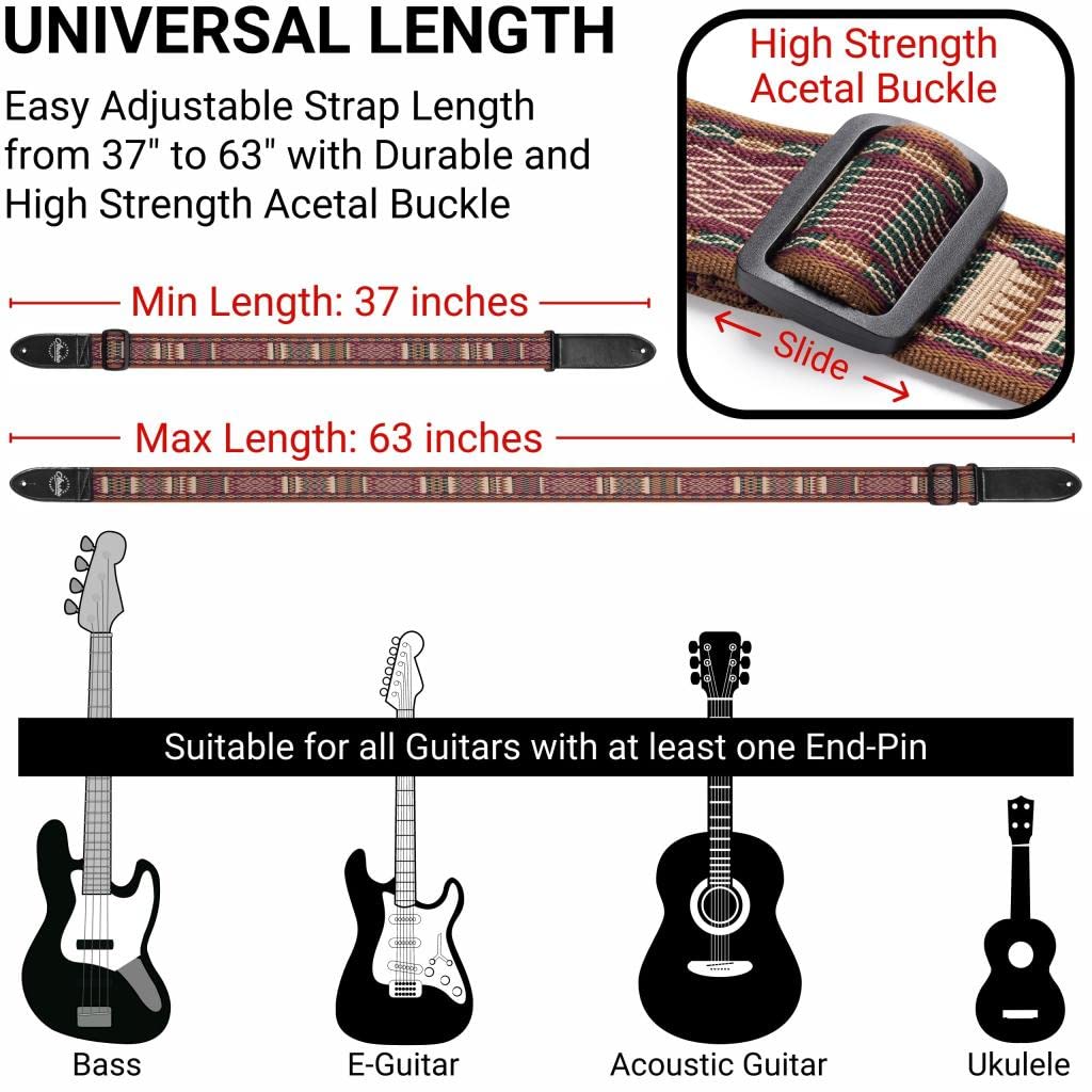 Amumu Guitar Strap Brown Diamond Grill Retro Chevron Polyester Woven for Acoustic Electric Bass Guitars with Genuine Leather Ends + Free Rubber Strap Blocks & Headstock Tie