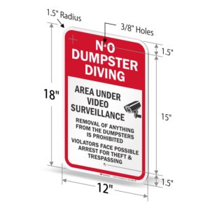 SmartSign 18 x 12 inch “No Dumpster Diving - Area Under Video Surveillance” Sign, 63 mil Aluminum, 3M Laminated Engineer Grade Reflective Material, Red, White and Black, Made in USA