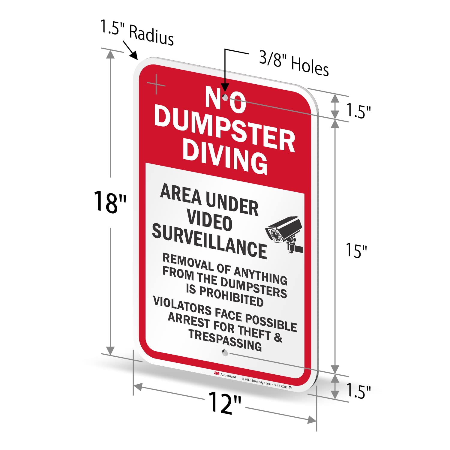 SmartSign 18 x 12 inch “No Dumpster Diving - Area Under Video Surveillance” Sign, 63 mil Aluminum, 3M Laminated Engineer Grade Reflective Material, Red, White and Black, Made in USA