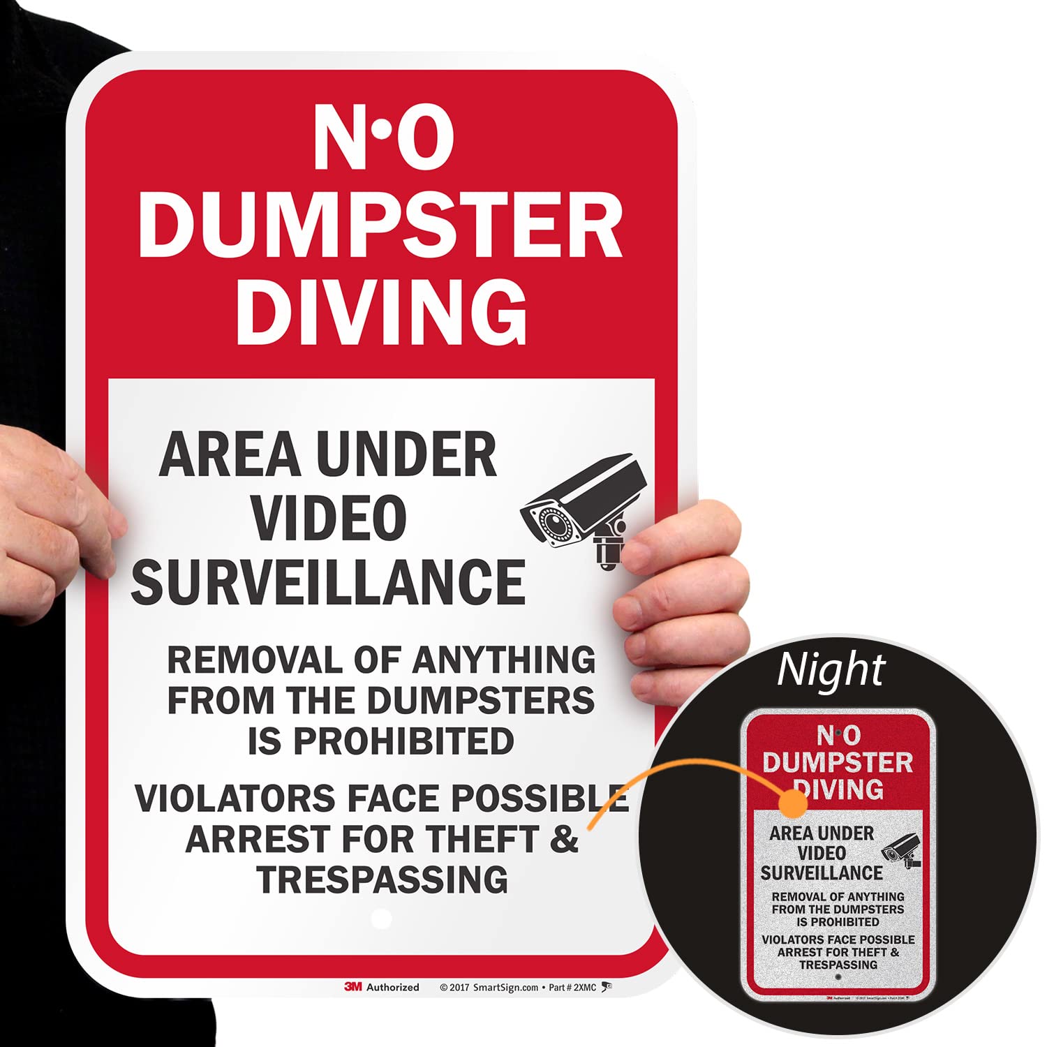 SmartSign 18 x 12 inch “No Dumpster Diving - Area Under Video Surveillance” Sign, 63 mil Aluminum, 3M Laminated Engineer Grade Reflective Material, Red, White and Black, Made in USA