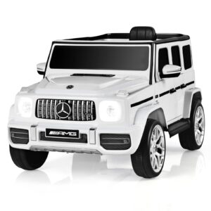 olakids 12v kids ride on car, licensed mercedes benz g63 electric vehicle with remote control, double open doors, music, bluetooth, 2 speeds, wheels suspension, battery powered driving toy (white)