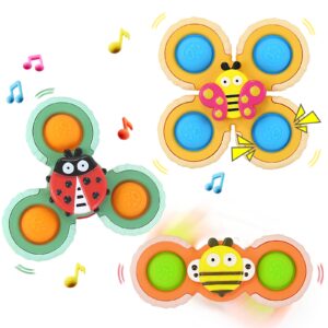 fidwod 3pcs suction cup spinner toy for baby - bath spinning toys for toddlers infants 1+ year old - sensory fidget toys window travel airplane bathtub shower - first birthday gift for girls kids