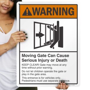 SmartSign 24 x 18 inch “Warning - Moving Gate Can Cause Injury Or Death” Metal Sign, 80 mil Laminated Rustproof Aluminum, Black, White and Orange, Made in USA