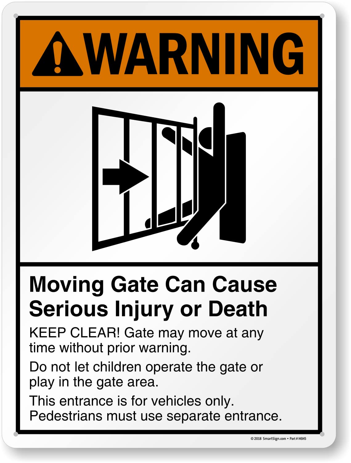 SmartSign 24 x 18 inch “Warning - Moving Gate Can Cause Injury Or Death” Metal Sign, 80 mil Laminated Rustproof Aluminum, Black, White and Orange, Made in USA