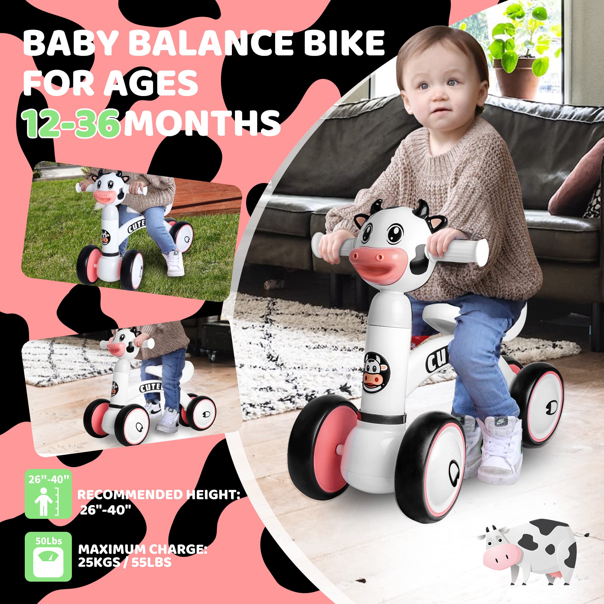 Afranti Baby Balance Bike for 12-36 Months Boys Girls Toddlers Kids Bikes No Pedal for 1 Year Old Birthday Gift Ride-on Walking Toys Fit for 2.2ft to 3.3ft Children