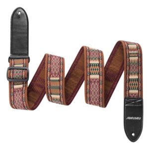 Amumu Guitar Strap Brown Diamond Grill Retro Chevron Polyester Woven for Acoustic Electric Bass Guitars with Genuine Leather Ends + Free Rubber Strap Blocks & Headstock Tie