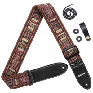 amumu guitar strap brown diamond grill retro chevron polyester woven for acoustic electric bass guitars with genuine leather ends + free rubber strap blocks & headstock tie