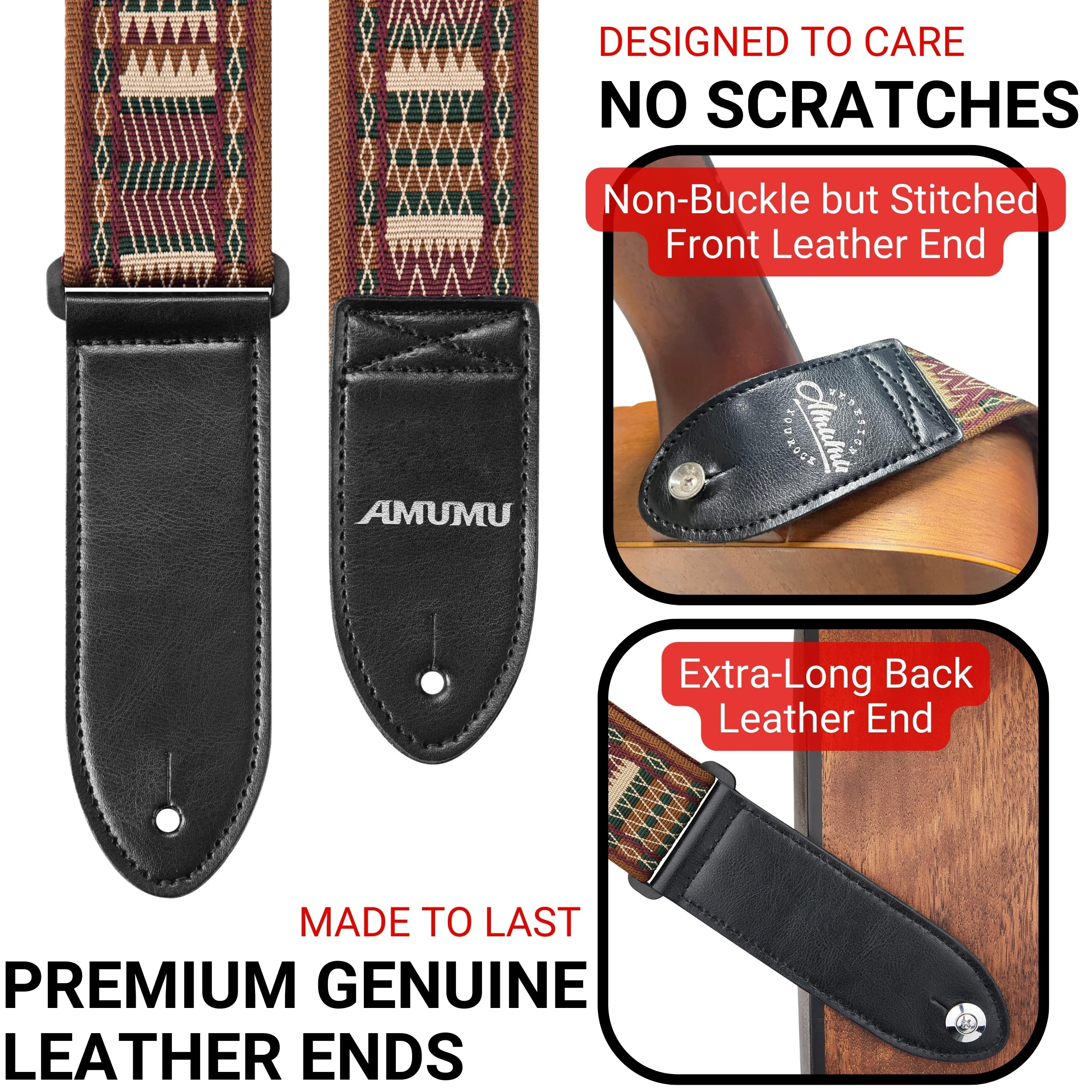 Amumu Guitar Strap Brown Diamond Grill Retro Chevron Polyester Woven for Acoustic Electric Bass Guitars with Genuine Leather Ends + Free Rubber Strap Blocks & Headstock Tie