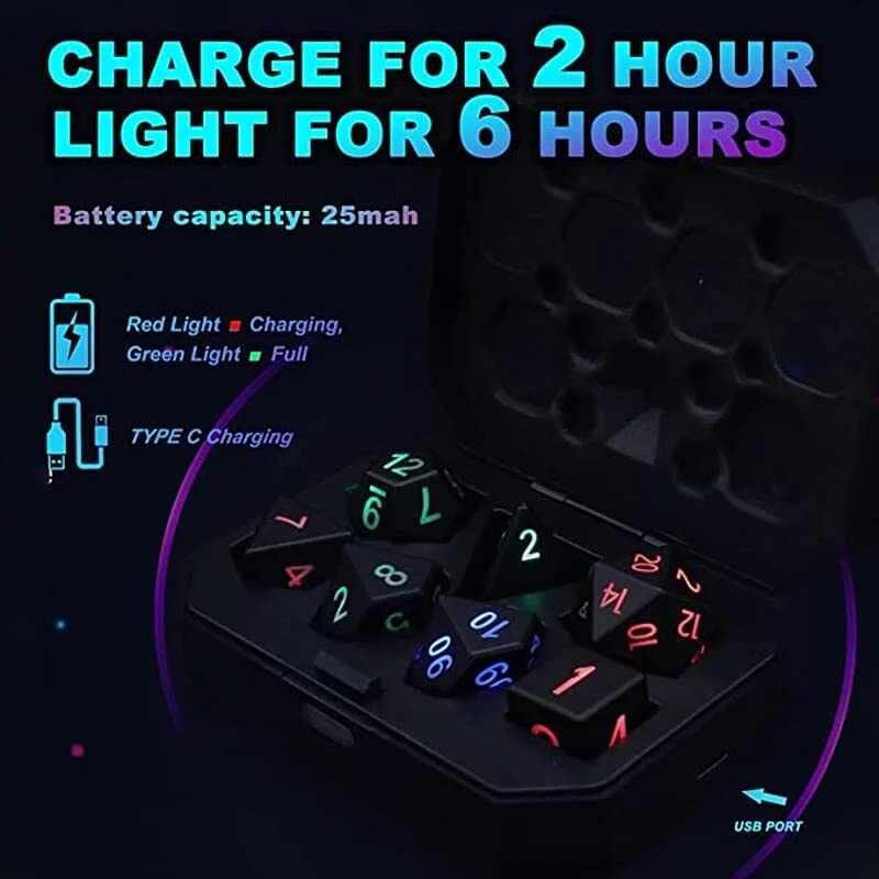 Shake to Light Up LED Dice,7 Pieces Glowing Dice Set with Charging Box,USB Port Charging,for Dungeons and Dragons RPG Table Games,Role Playing Table Games,RPG Polyhedral Dice Set