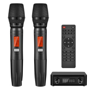 wireless microphone system, dual handheld uhf cordless dynamic microphone support bluetooth input, aux in/out, portable microphone mixer system for home karaoke ktv meeting party church wedding dj