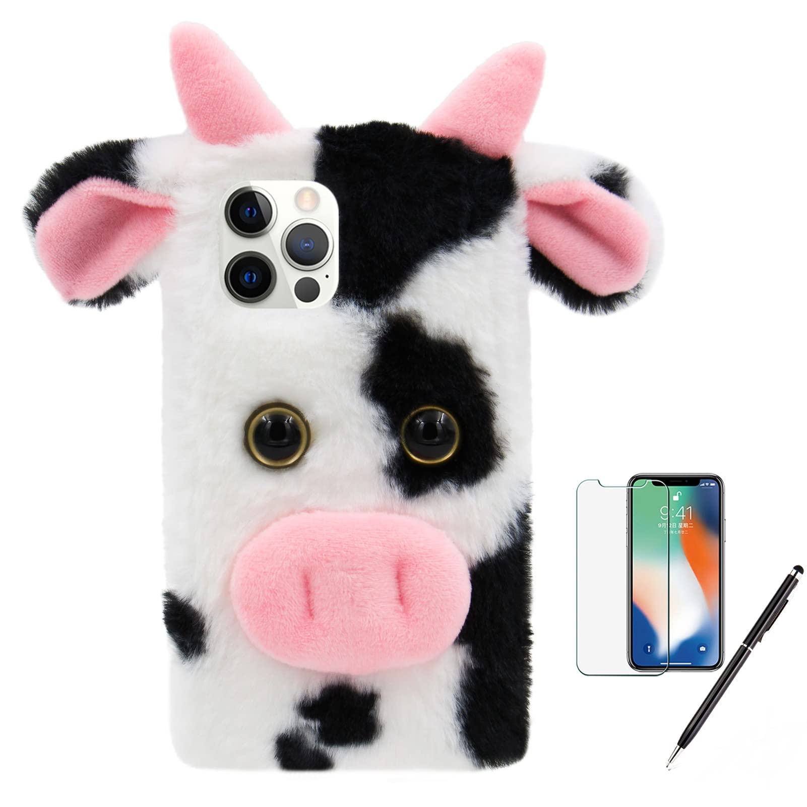 FYTZE Milk Cow Case for iPhone 14 6.1, Cute 3D Cartoon Dairy Cattle Fluffy Hairy Silicone Cover Fuzzy Warm Faux Stuffed Plush Doll Soft Furry Protective Shell for Women Girls - Black