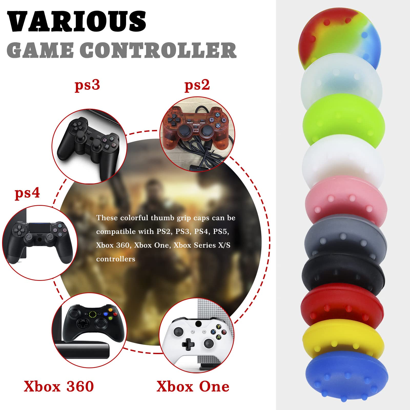 BeautyMood 40pcs Colorful Thumb Grips Silicone Analog Controller Joystick Thumb Stick Grips Caps Cover ​for PS2, PS3, PS4, PS5, Xbox 360, Xbox One, Xbox Series X/S Controller