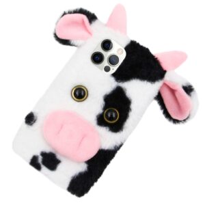 FYTZE Milk Cow Case for iPhone 14 6.1, Cute 3D Cartoon Dairy Cattle Fluffy Hairy Silicone Cover Fuzzy Warm Faux Stuffed Plush Doll Soft Furry Protective Shell for Women Girls - Black