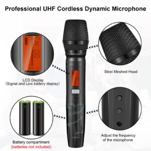 Wireless Microphone System, Dual Handheld UHF Cordless Dynamic Microphone Support Bluetooth Input, AUX in/Out, Portable Microphone Mixer System for Home Karaoke KTV Meeting Party Church Wedding DJ