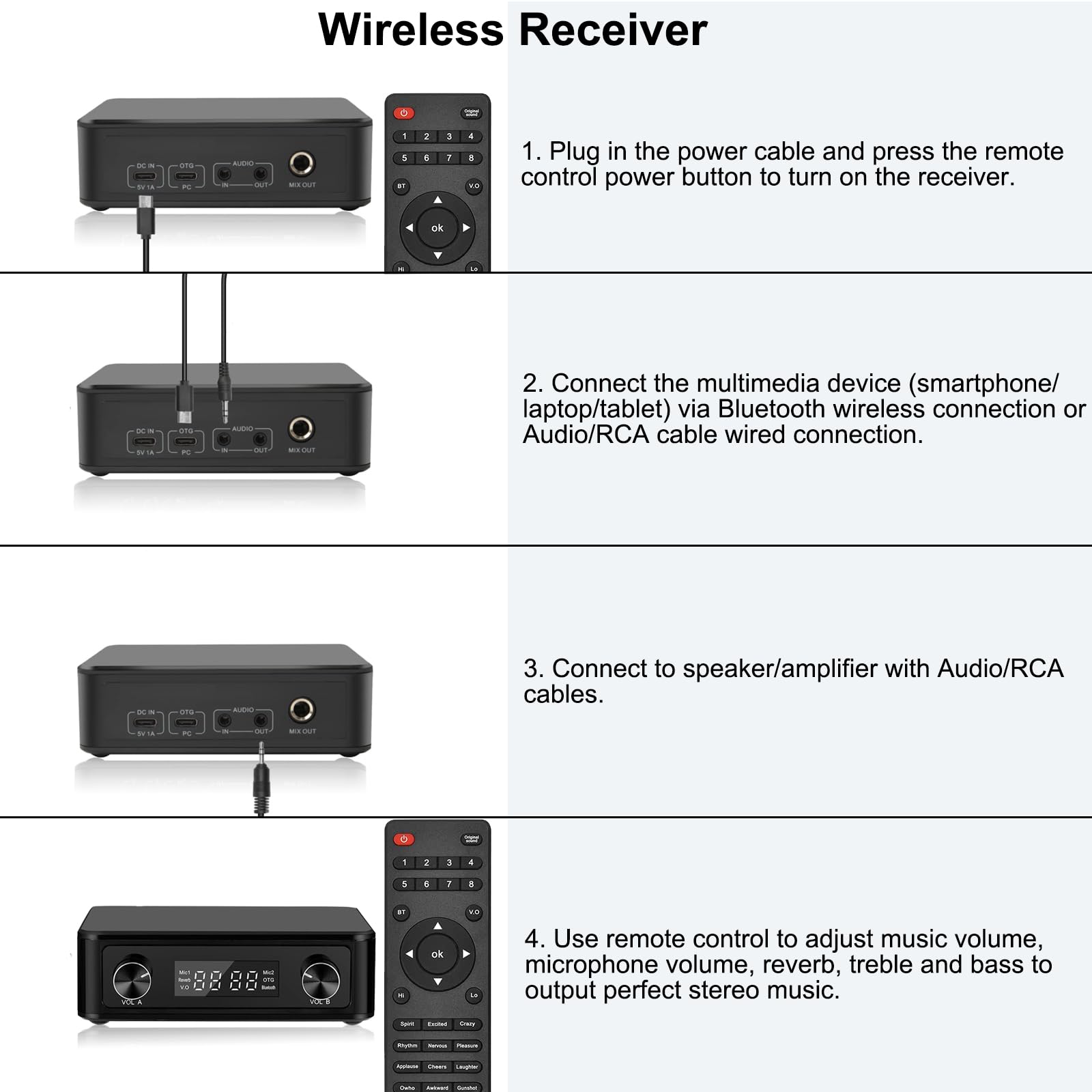 Wireless Microphone System, Dual Handheld UHF Cordless Dynamic Microphone Support Bluetooth Input, AUX in/Out, Portable Microphone Mixer System for Home Karaoke KTV Meeting Party Church Wedding DJ