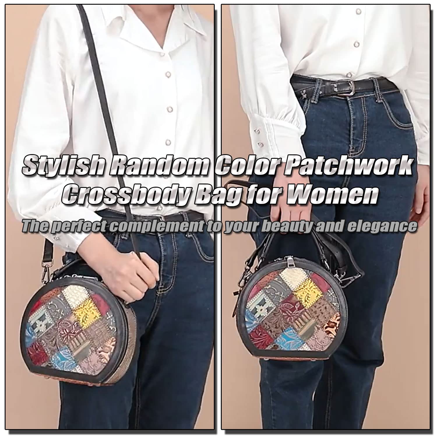 Round Patchwork Genuine Leather Shoulder Bag for Women, Colorful Small Cell Phone Crossbody Purse, Ladies Stylish Handbag