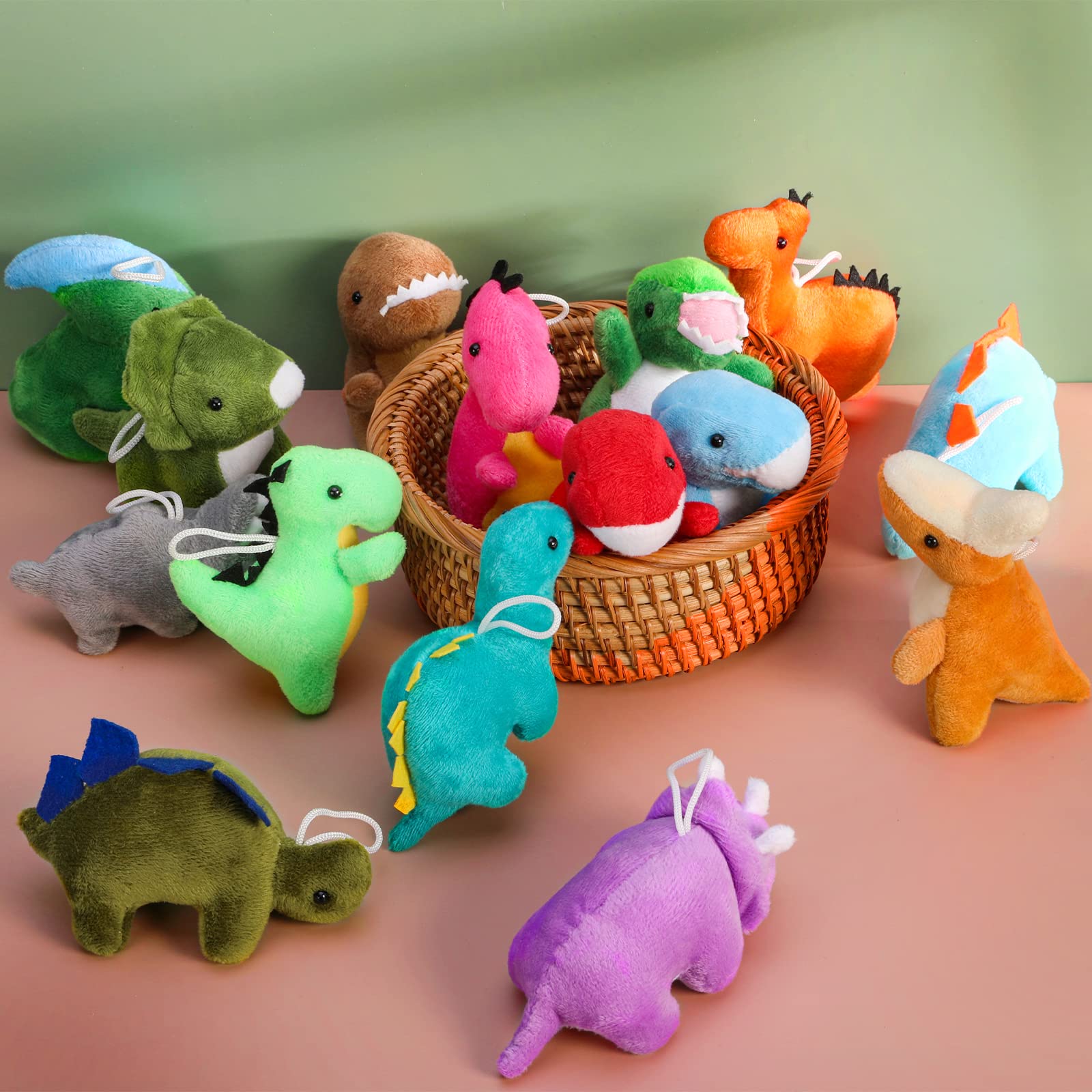 18 Pack Plush Dinosaur Toys Bulk, Mini Soft Stuffed Animal Cute Dinosaur Figures, Keychain Decoration for Goodie Bag Filler, Claw Machine, Treasure Chest Prizes, Birthday Party Favor for Kids