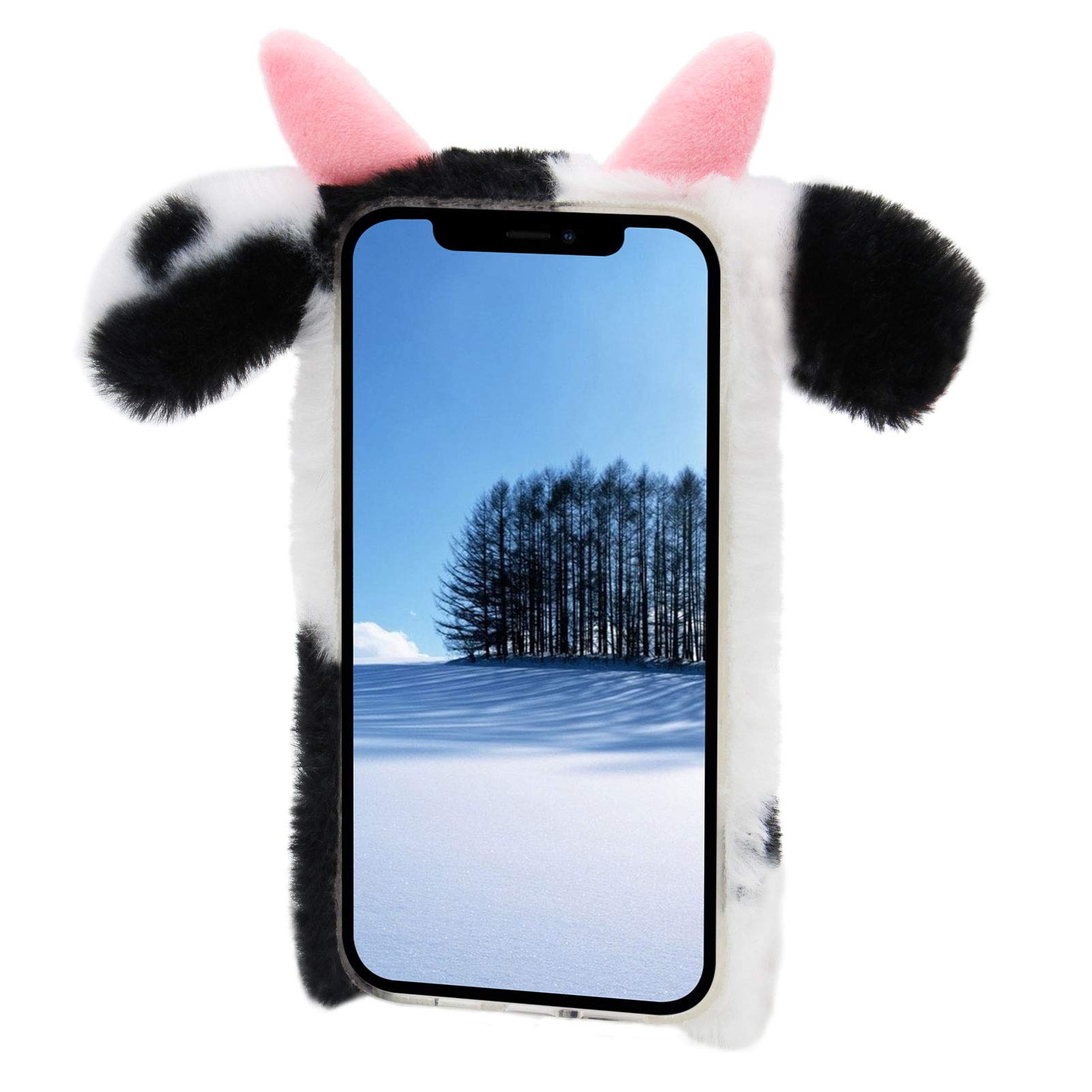 FYTZE Milk Cow Case for iPhone 14 6.1, Cute 3D Cartoon Dairy Cattle Fluffy Hairy Silicone Cover Fuzzy Warm Faux Stuffed Plush Doll Soft Furry Protective Shell for Women Girls - Black