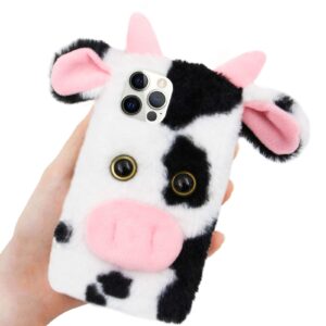 fytze milk cow case for iphone 14 6.1, cute 3d cartoon dairy cattle fluffy hairy silicone cover fuzzy warm faux stuffed plush doll soft furry protective shell for women girls - black