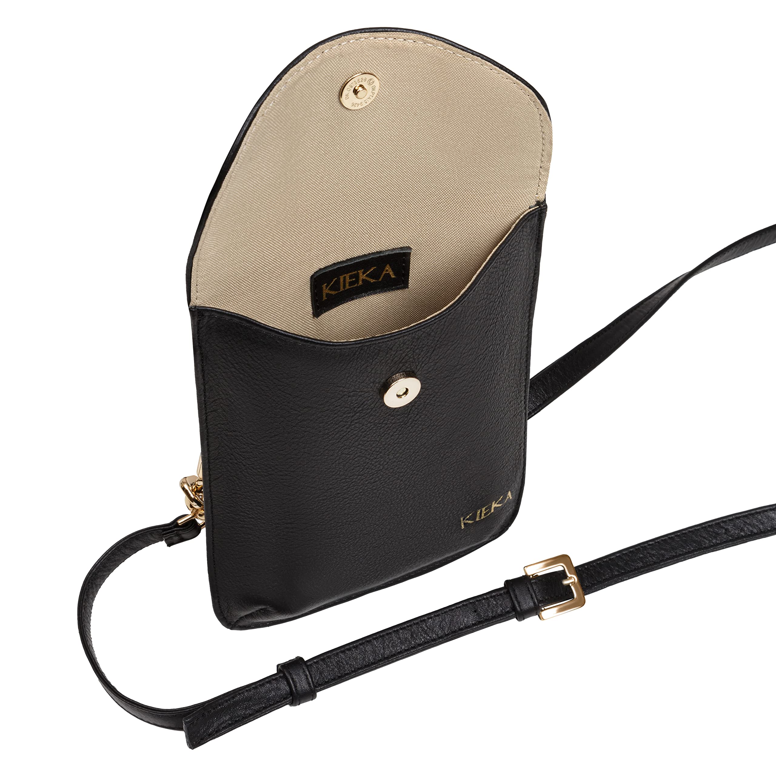 KIEKA Phone Crossbody Bag, Genuine Leather, Fold-over Flap with Magnetic Snap Closure, 2 External Credit Card Slots