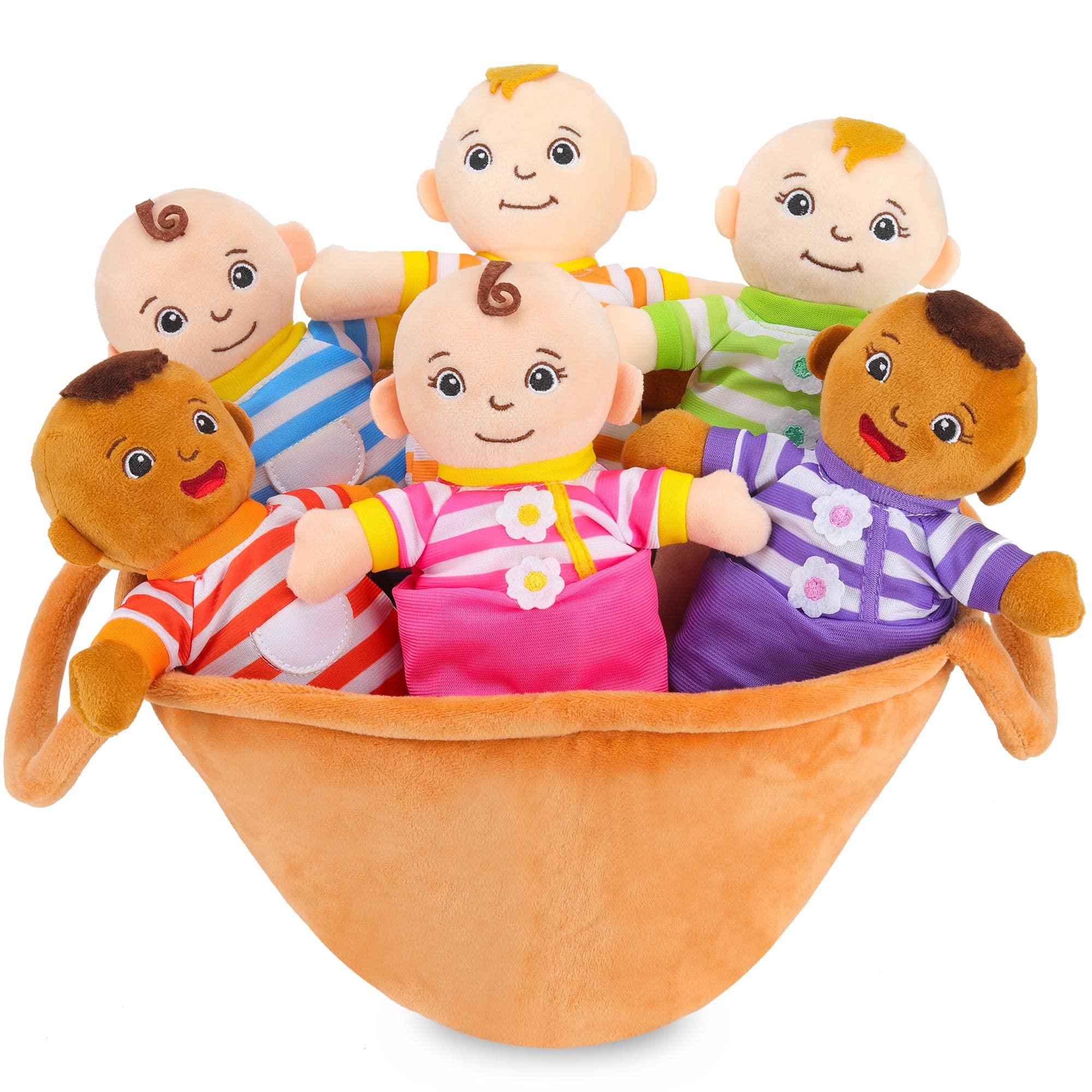 Qpewep Basket of Babies Plush Dolls, 8" Plush Diversity Baby Dolls- 6 Piece Set Interchangeable Clothes Stuffed Plush Figures for All Ages Easter Gift