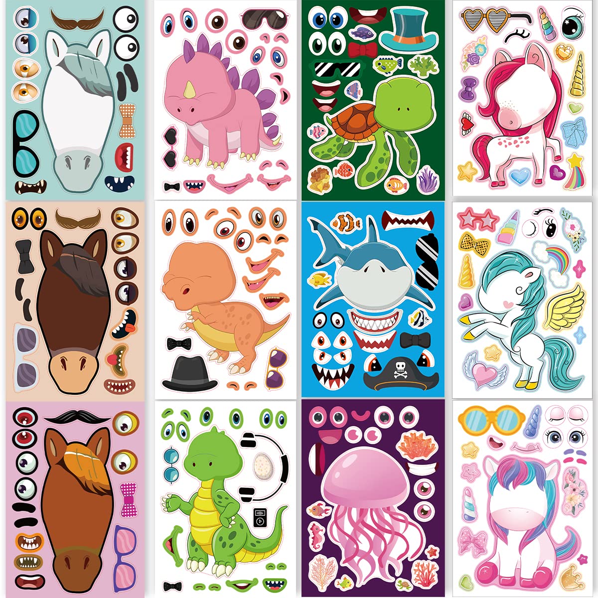 24 Sheets 8.27''×5.9'' Make Your Own Stickers for Kids Toddlers, Make a Face Stickers Mix and Match with Unicorns Dinosaur Horse and Sea Animals for Kids Party Favors Activities