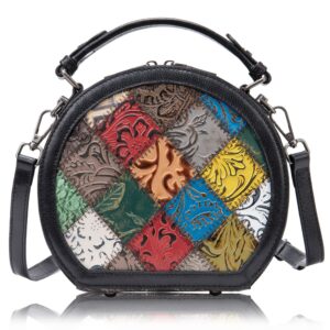 round patchwork genuine leather shoulder bag for women, colorful small cell phone crossbody purse, ladies stylish handbag