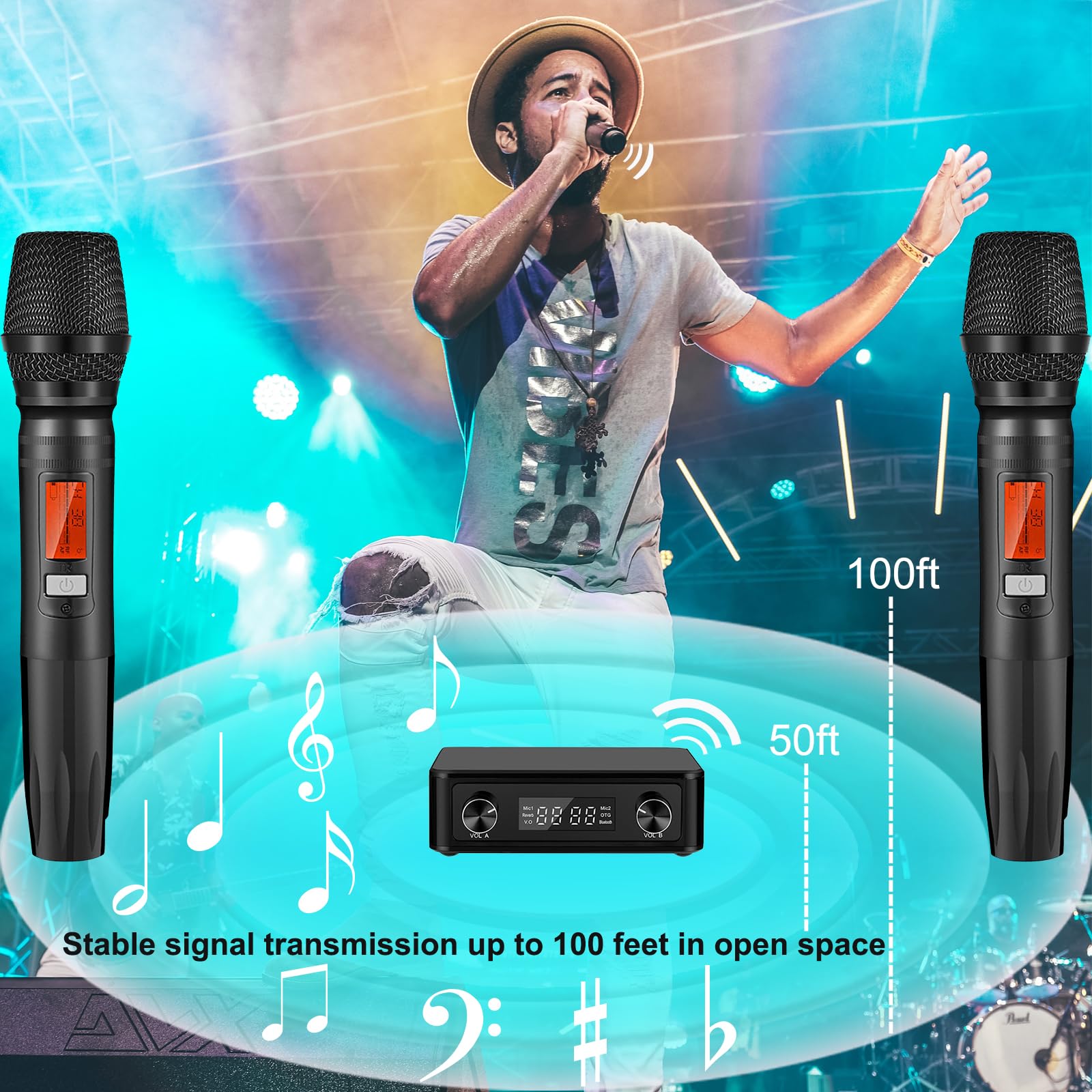 Wireless Microphone System, Dual Handheld UHF Cordless Dynamic Microphone Support Bluetooth Input, AUX in/Out, Portable Microphone Mixer System for Home Karaoke KTV Meeting Party Church Wedding DJ