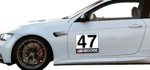 race car number plate vinyl decal - permanent, reusable and magnet available - driver name + flag (12 inches, magnet))