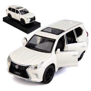 bdtctk 1/32 compatible for lexus lx570 off-road in luxury suv model car, zinc alloy pull back toy car with sound and light for kids boy girl gift(white)