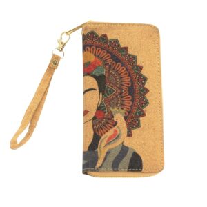 soul living creations frida kahlo cork vegan wristlet wallet mexican art design (blue)