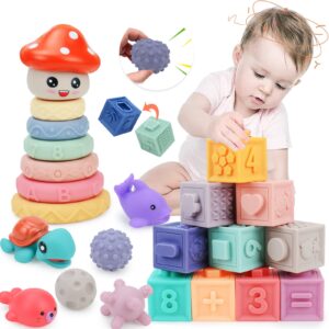 snlywan montessori toys for babies 6-12 months,25 pcs infant baby blocks,incl soft blocks for babies & stacking rings & sensory balls & baby bath toys,sensory developmental learning toys for babies