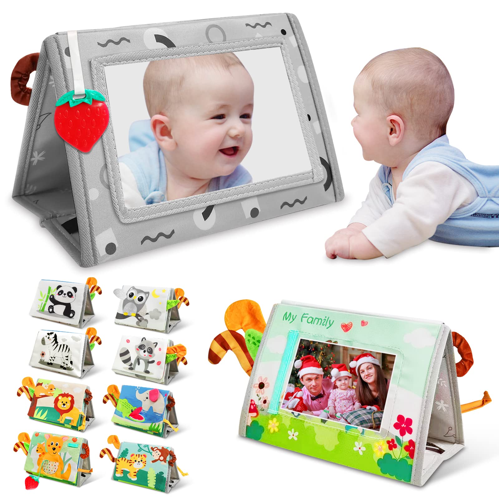 Baby Mirror Toys for Tummy Time, Newborn Infant 0 3 4 6 12 Months Old Boy, Girl . Brain Developmental Montessori Sensory High Contrast Crinkle Book w Safe Mirror for Floor, Crib, Car, Bouncer