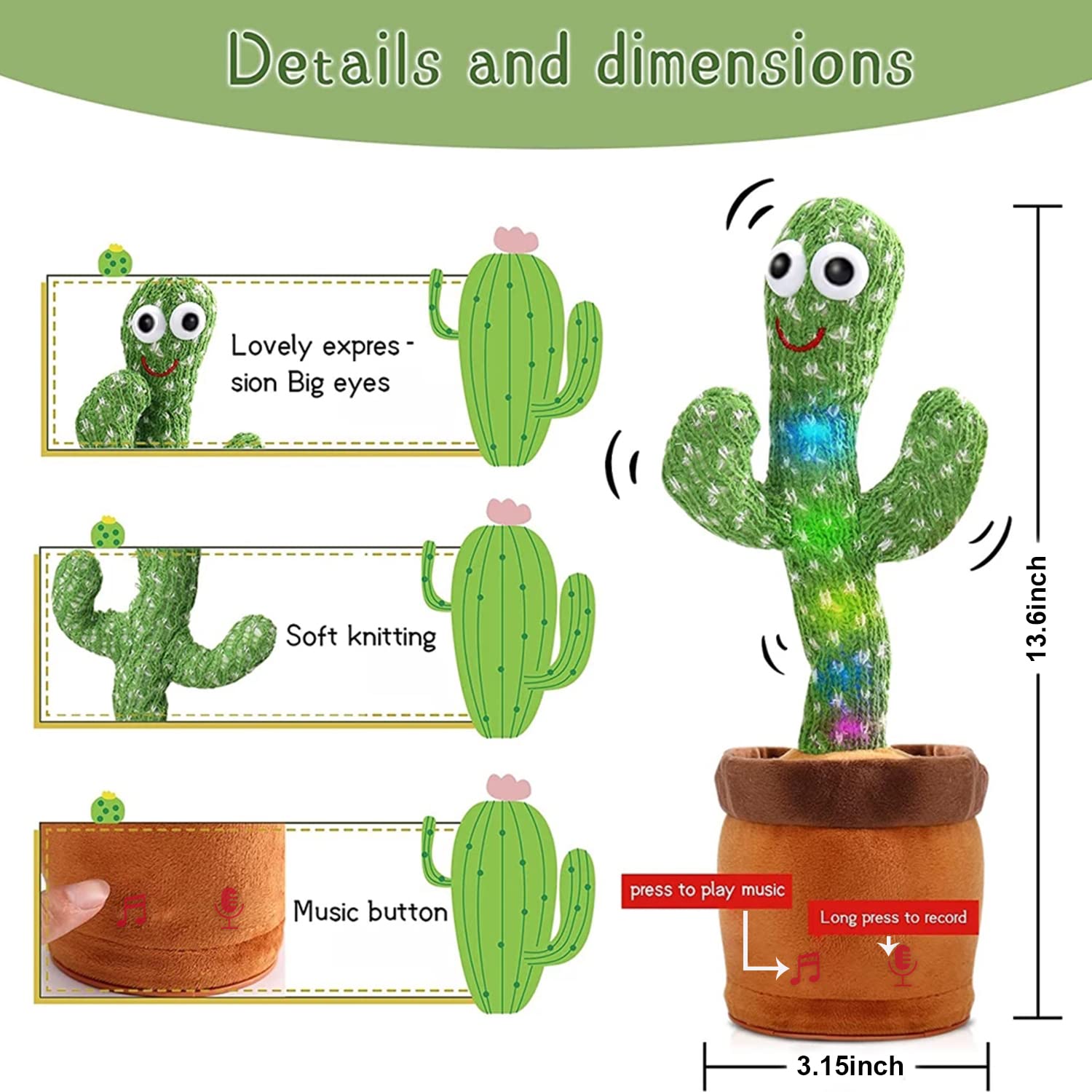 Dancing Cactus Mimicking Toy | Talking Singing Plush Doll | USB Charging | for Babies and Toddlers | Repeats What You Say | 120 Songs Built-in | LED Light Up | English & Spanish