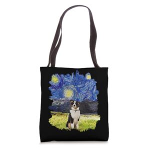 starry night impressionist - dog art australian shepherd tote bag