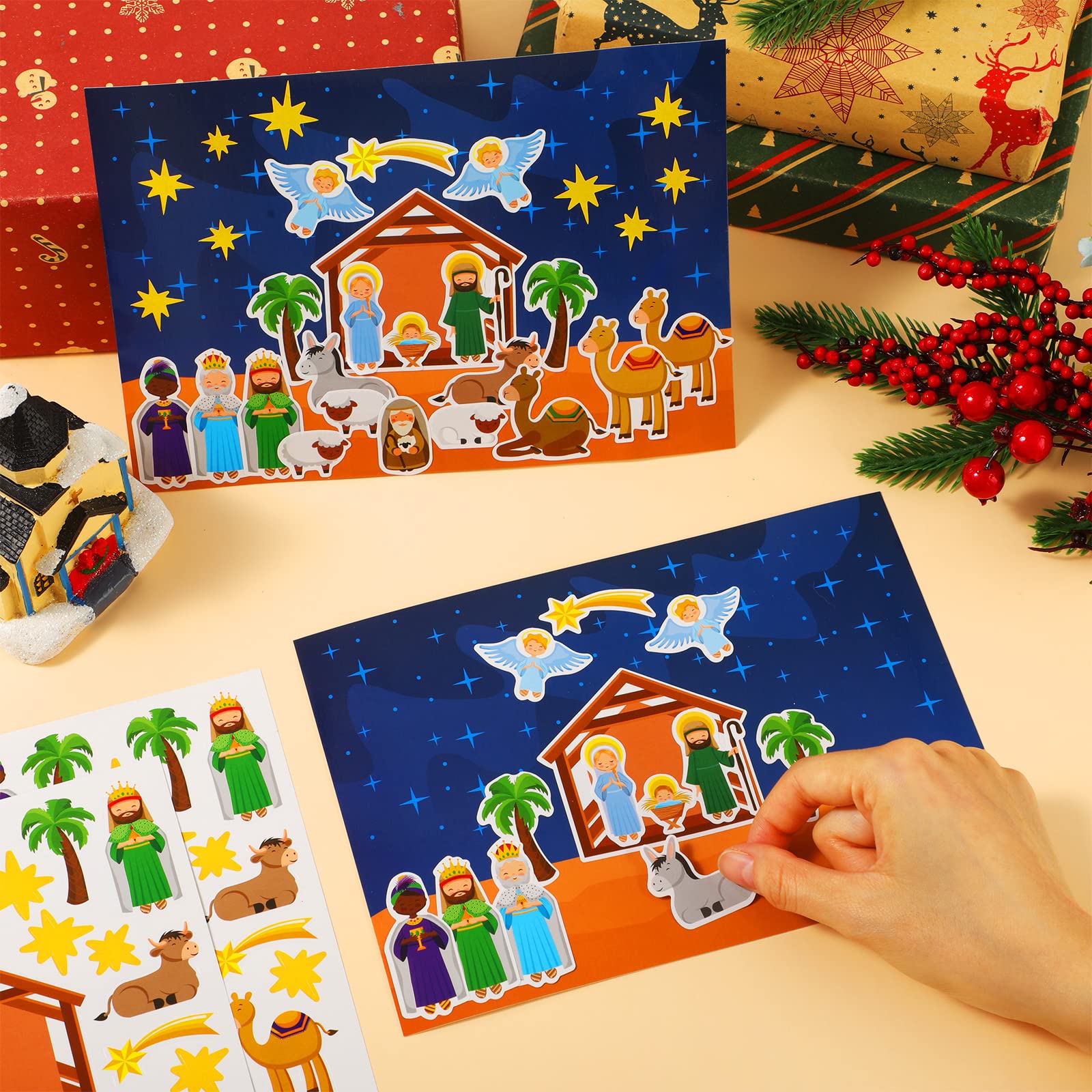 Yexiya 60 Sheets Christmas Nativity Stickers Make a Nativity Scene Sticker Kit Christmas Crafts for Religious Party DIY Nativity Stickers Nativity Scene Party Game for Xmas Supplies(Cute)