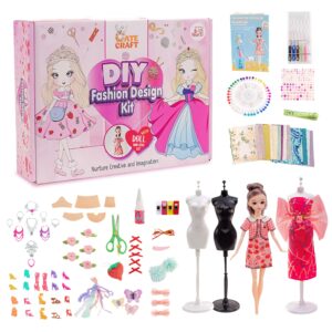 cate craft fashion design sewing kit for girls ages 6-12 with doll, mannequins, fabrics, tools