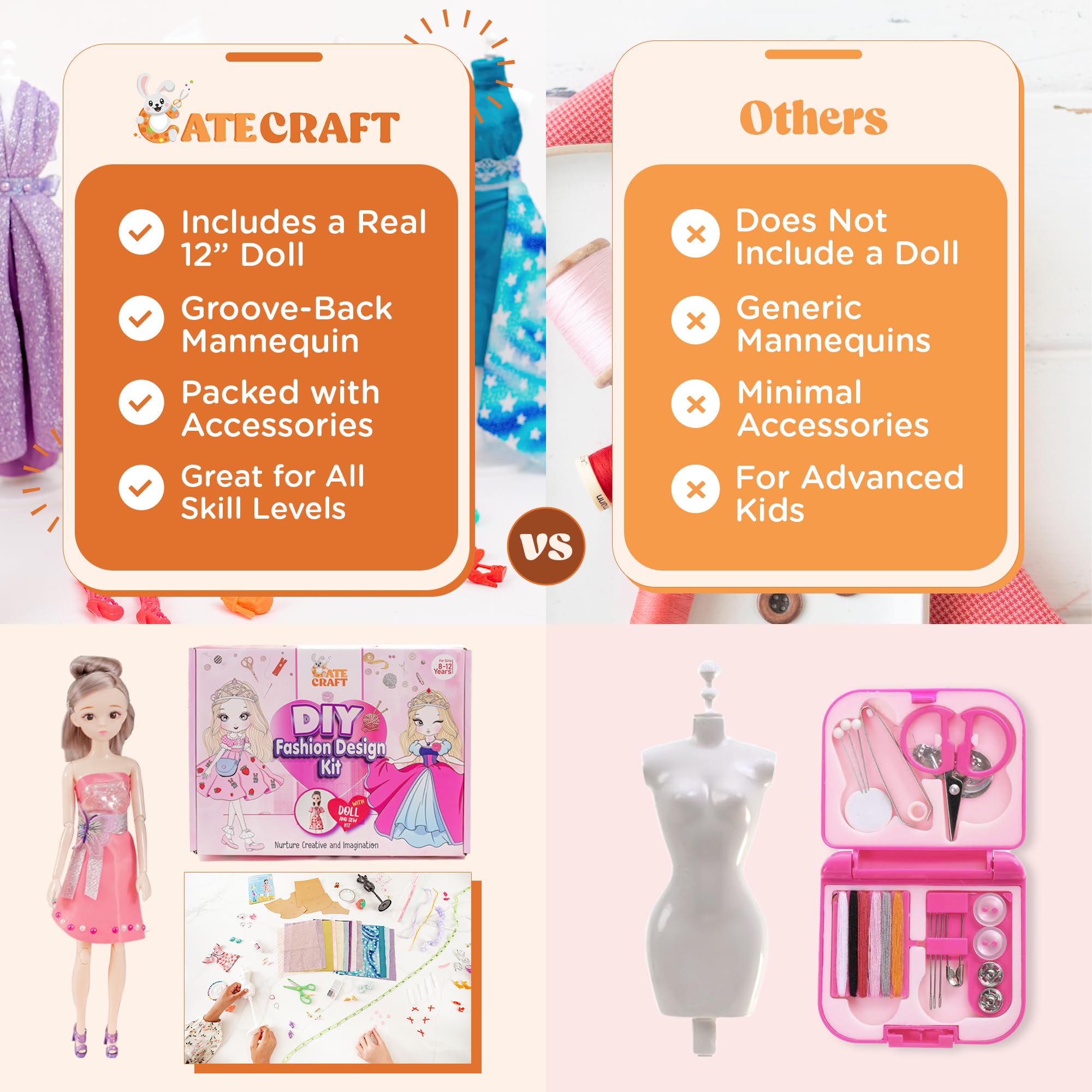 Cate Craft Fashion Design Sewing Kit for Girls Ages 6-12 with Doll, Mannequins, Fabrics, Tools