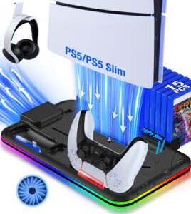 ps5 slim stand cooling station for playstation 5 slim console disc/digital,ps5 accessories cooling stand with 3-level cooler fan,dual ps5 controller charger,rgb light,headset holder,15 game slot-black