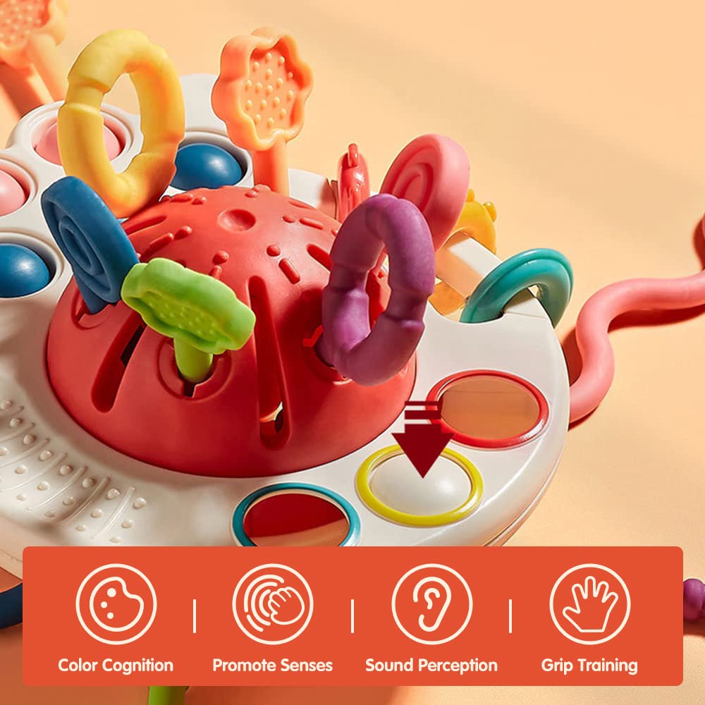 DaDaworld Montessori Toys for Toddlers, Montessori Baby Toys for 18 Months+ Octopus Shape Pull String Activity Toy Food Grade Silicone Sensory Toys for Toddlers, First Birthday Gift for Boys Girls